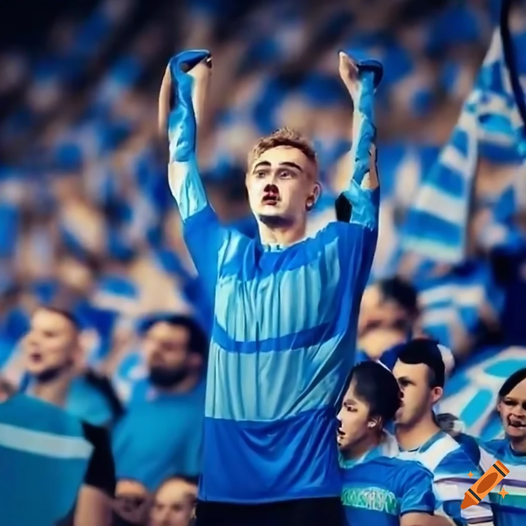 Passionate blue soccer team fans waving flags in the stands on Craiyon