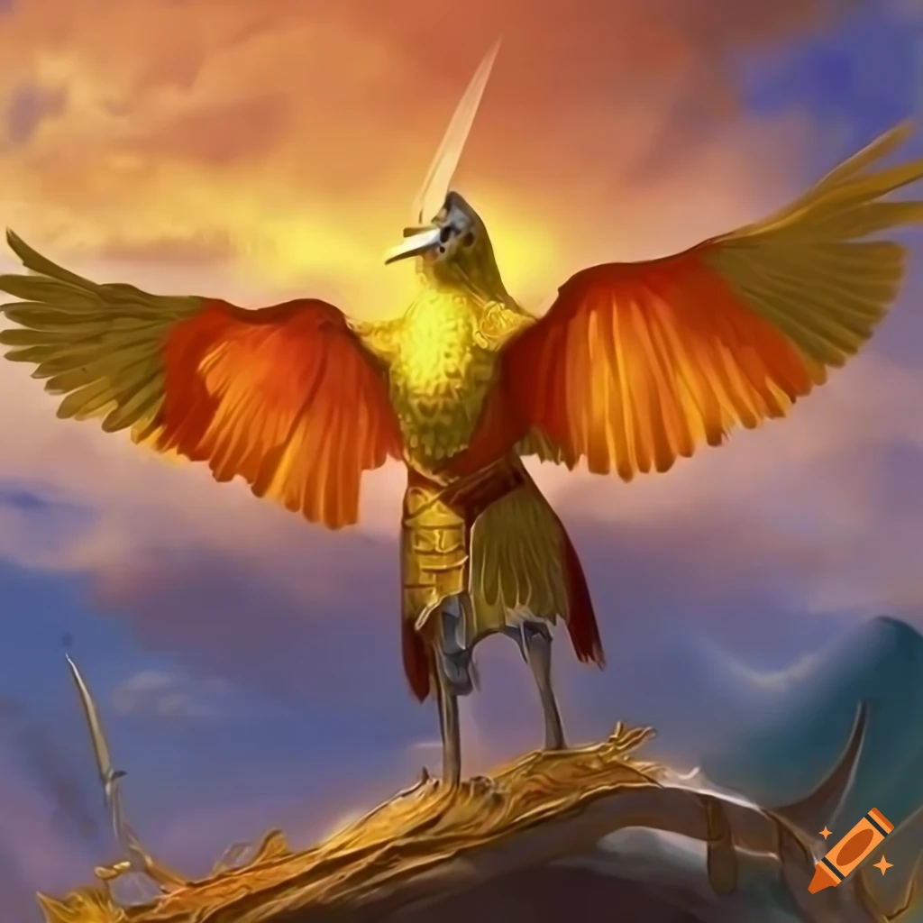 Yellow-orange bird in medieval armor with a sword, flying in the sky on ...