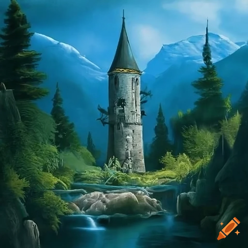 Majestic ancient elven wizard's tower with intricate spires in a wild ...