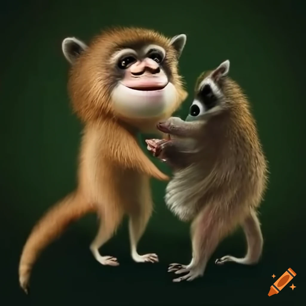 Whimsical scene of a monkey proposing to a raccoon on Craiyon