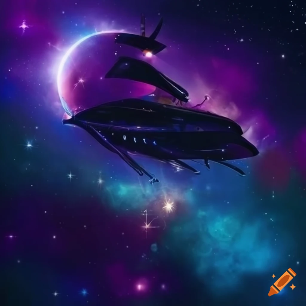 Alien sail yacht spaceship in a celestial art style flying through the ...