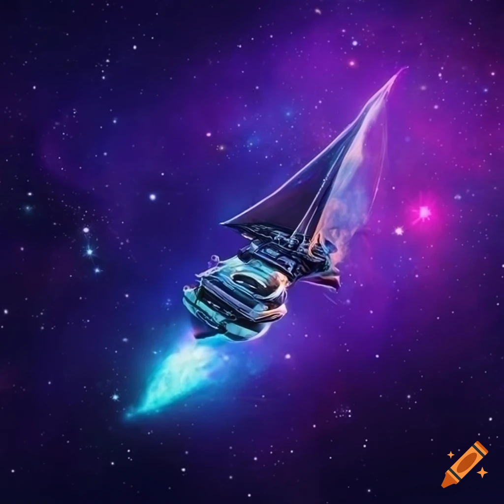 Alien sail yacht spaceship flying through purple and blue galaxy cosmos ...
