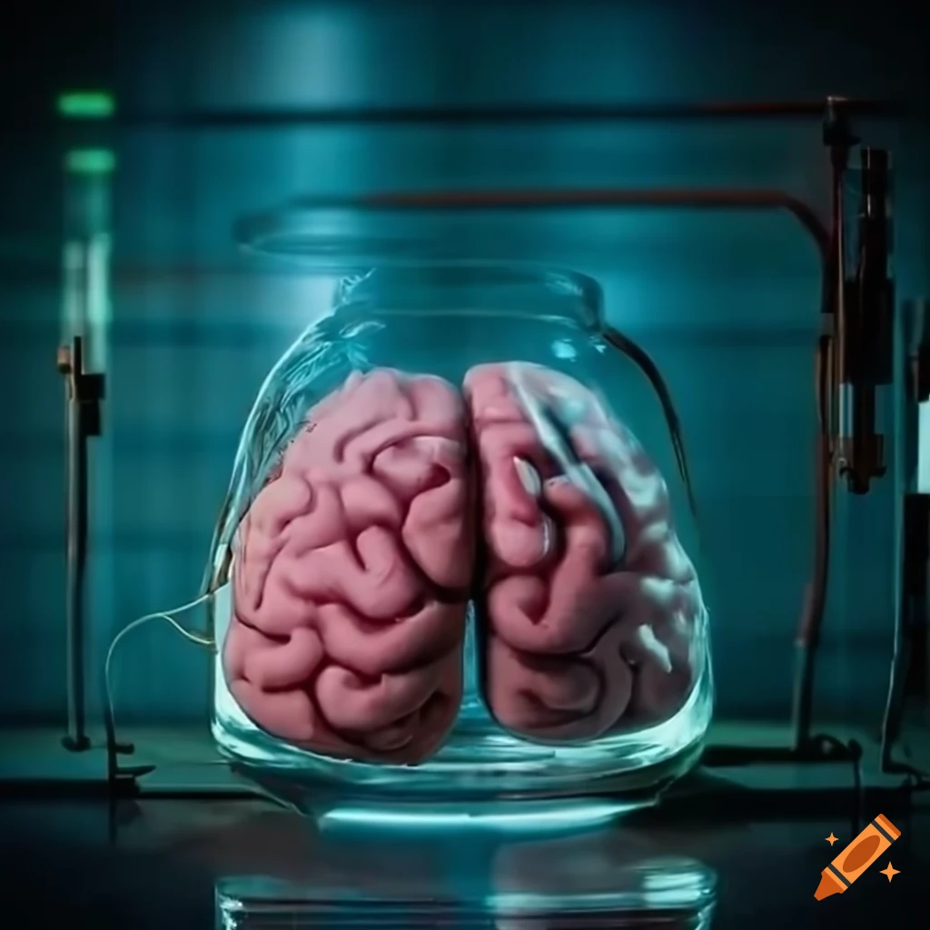 Brain in a jar with retro-tech details in a Fallout-inspired laboratory ...