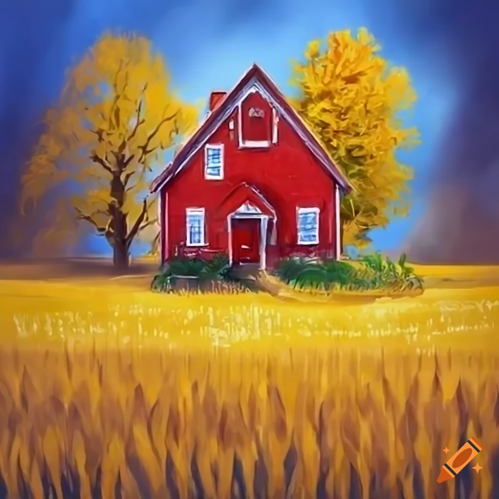Red house surrounded by yellow trees and wheat fields with blue walls ...