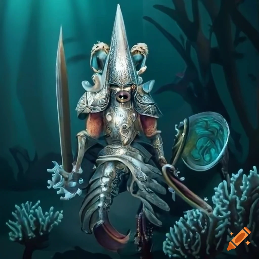 Squid warrior in silver spiked armor with ornamental sword against sea ...
