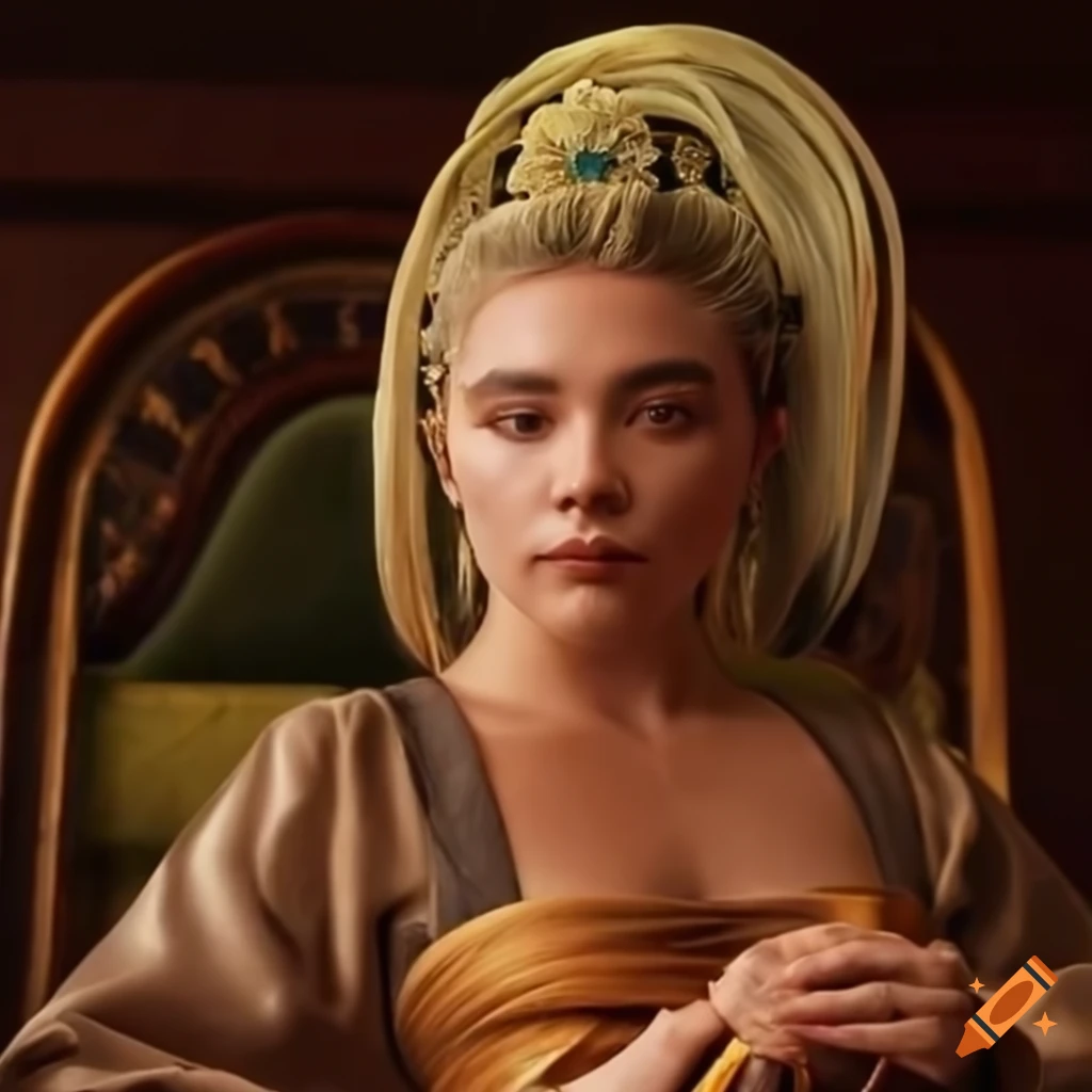 Princess Irulan at a Japanese temple in Zen robes and headpiece on Craiyon