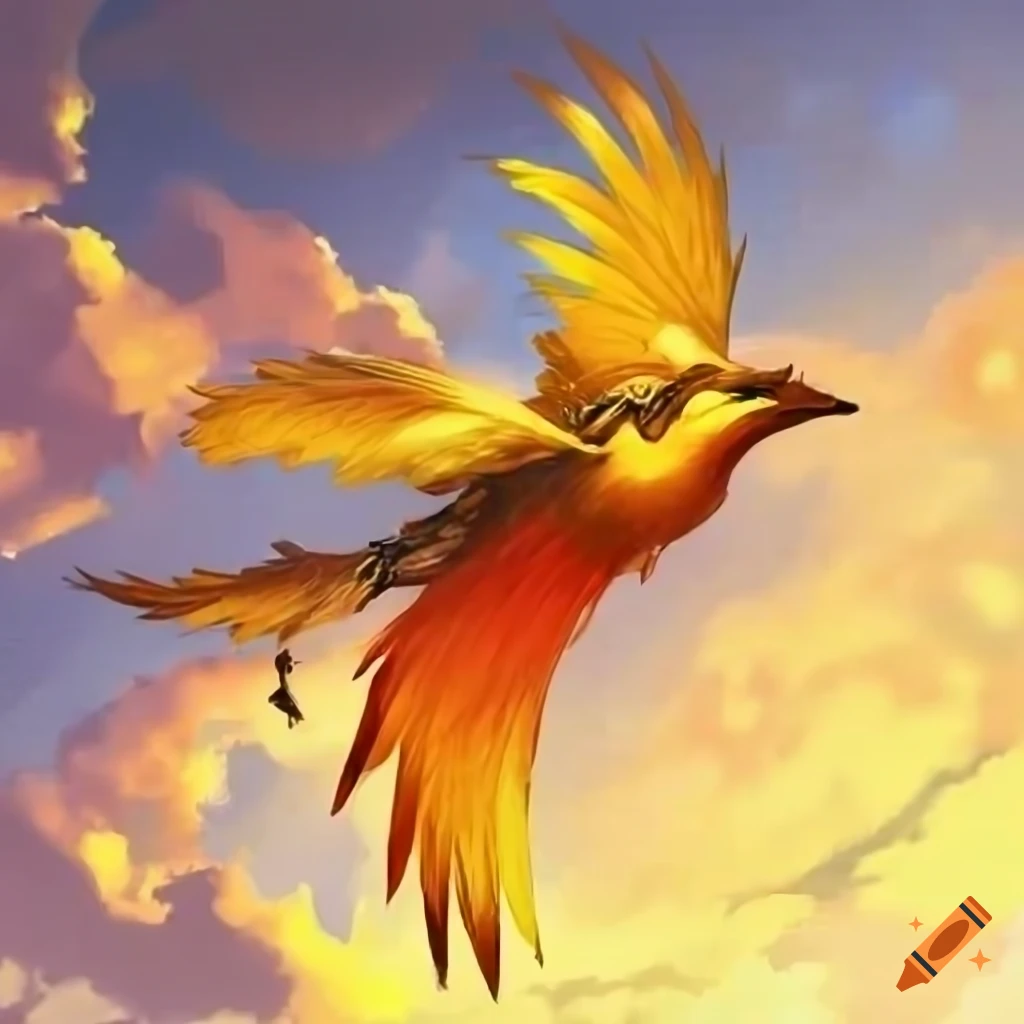 Yellow-orange bird in ornate medieval armor with sword flying in a sky ...