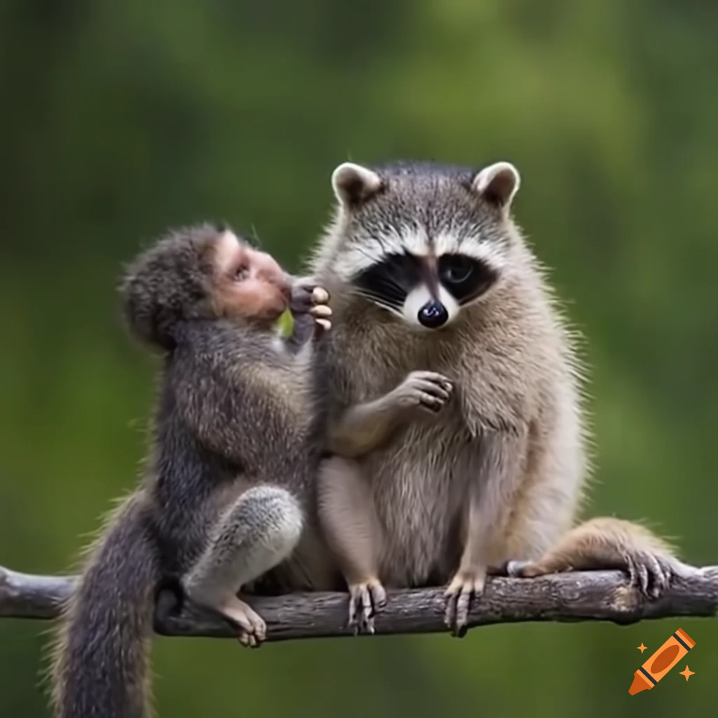 Monkey and raccoon sharing a heartwarming moment of friendship on Craiyon