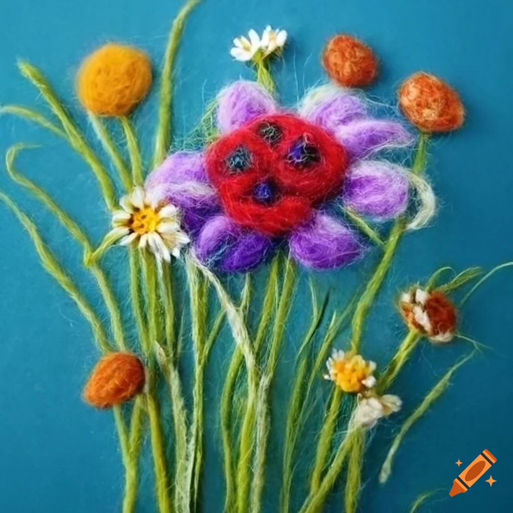Felted wool painting of wild flowers - daisies, cornflowers, grass ...