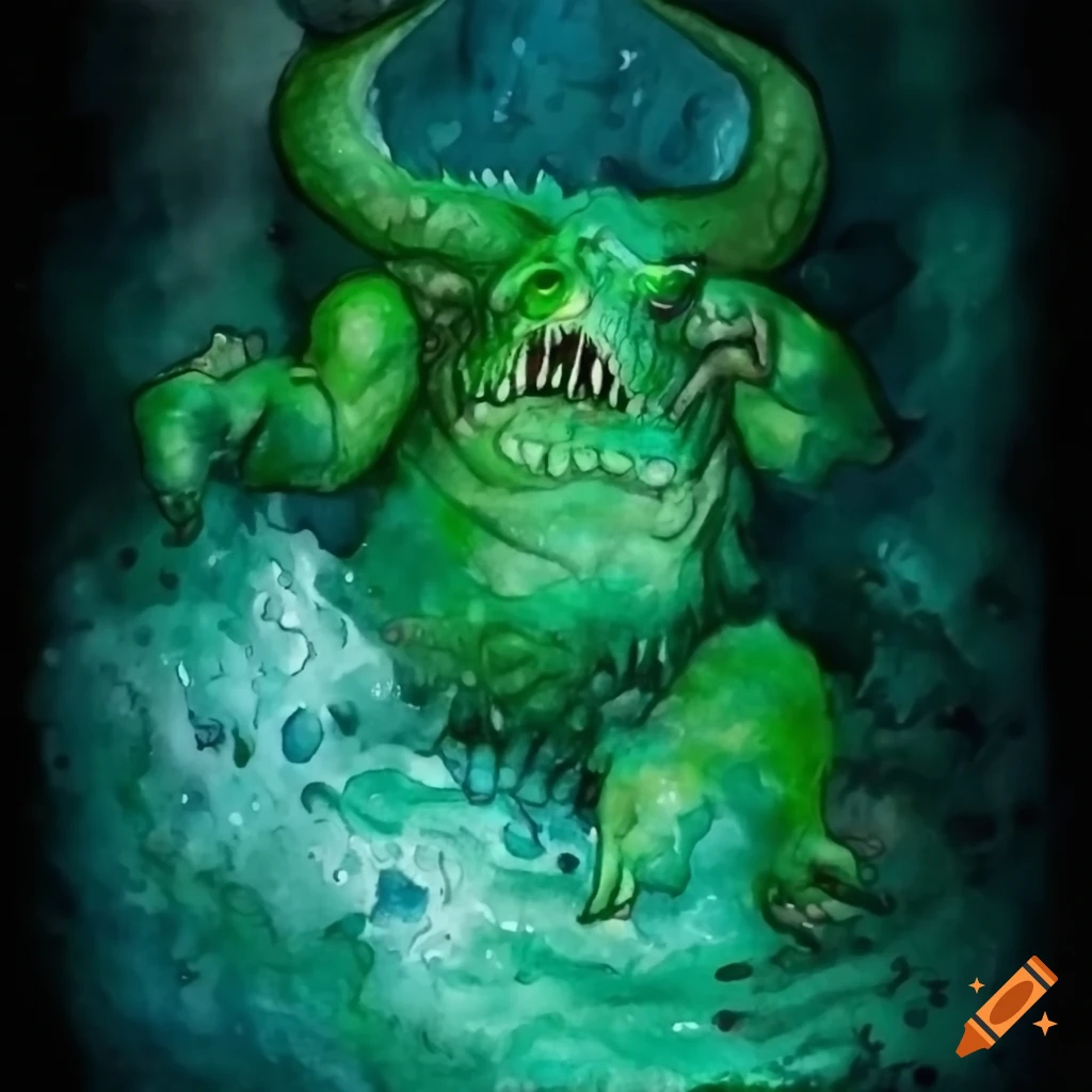 Humorous Nurgling creature relaxing in a green bath on Craiyon