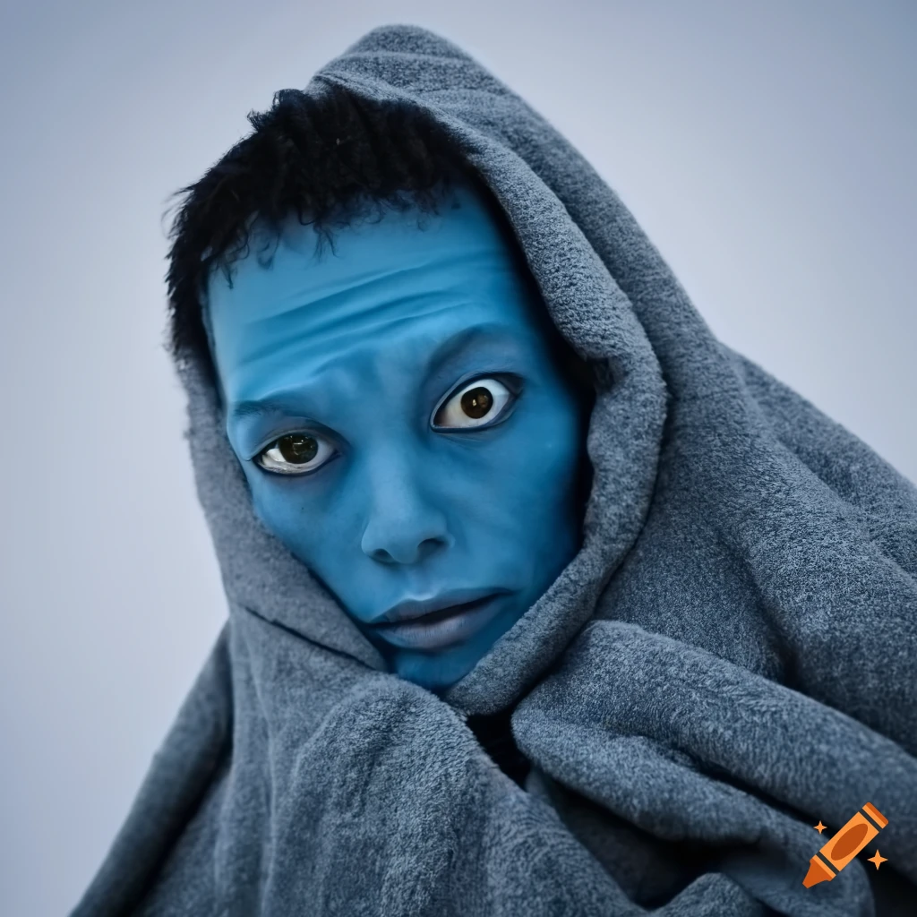 Blue-skinned humanoid alien man wrapped in a blanket after avalanche on ...