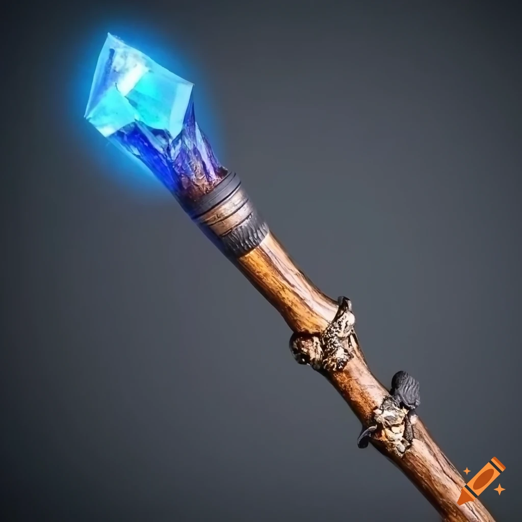 Old wooden wizard's staff with a small blue crystal shard on Craiyon