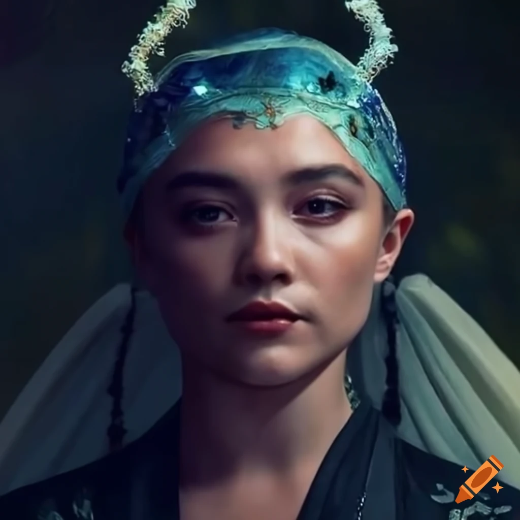 Princess irulan at a japanese temple in zen robes and headpiece on Craiyon