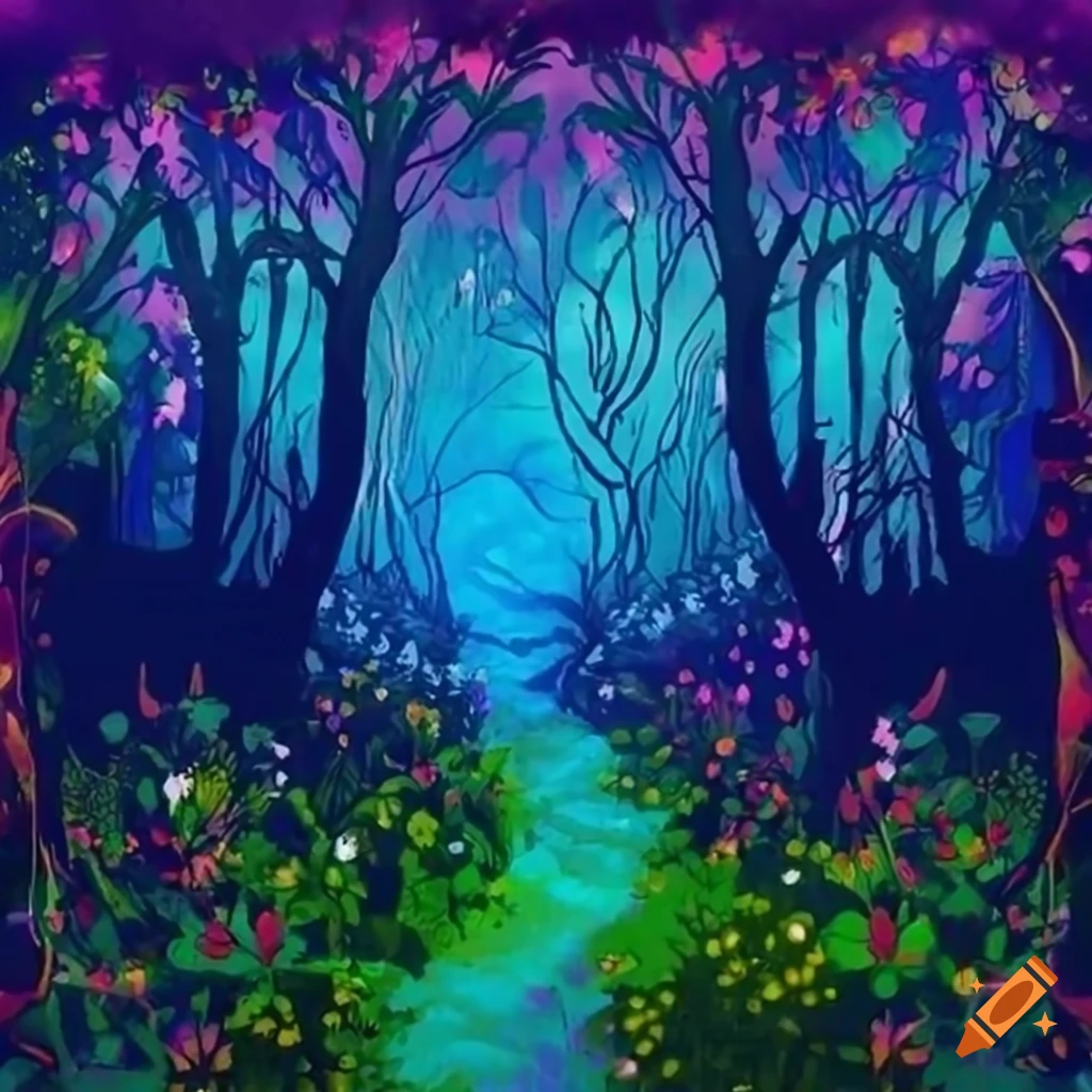 Whimsical mystical forest with flowers and vines in twilight on Craiyon