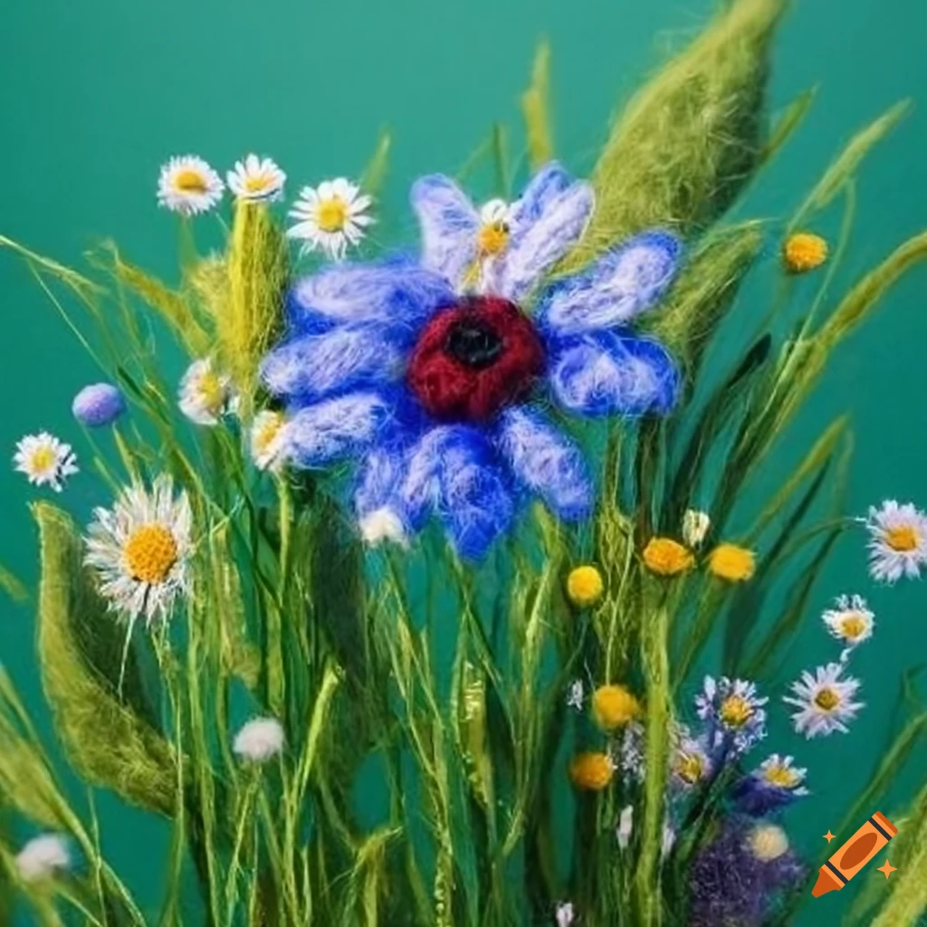 Felted wool painting of wild flowers - daisies, cornflowers, grass ...