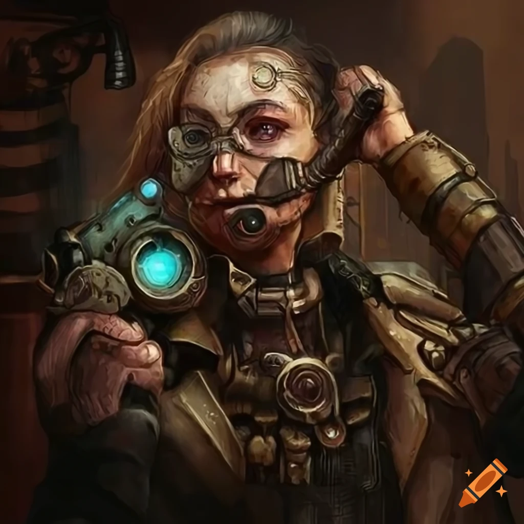 Cyborg in a steampunk post-apocalyptic setting on Craiyon
