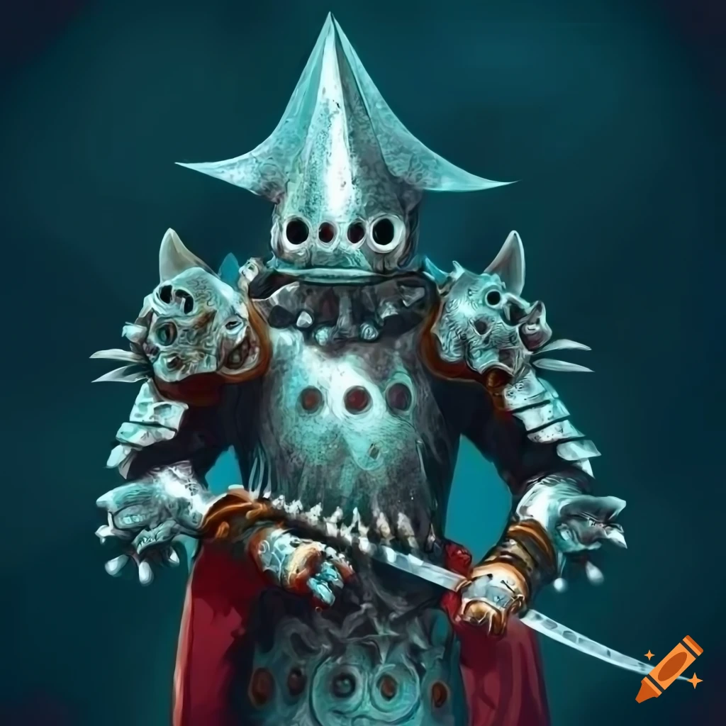 Squid warrior in silver spiked armor with ornamental sword against sea ...