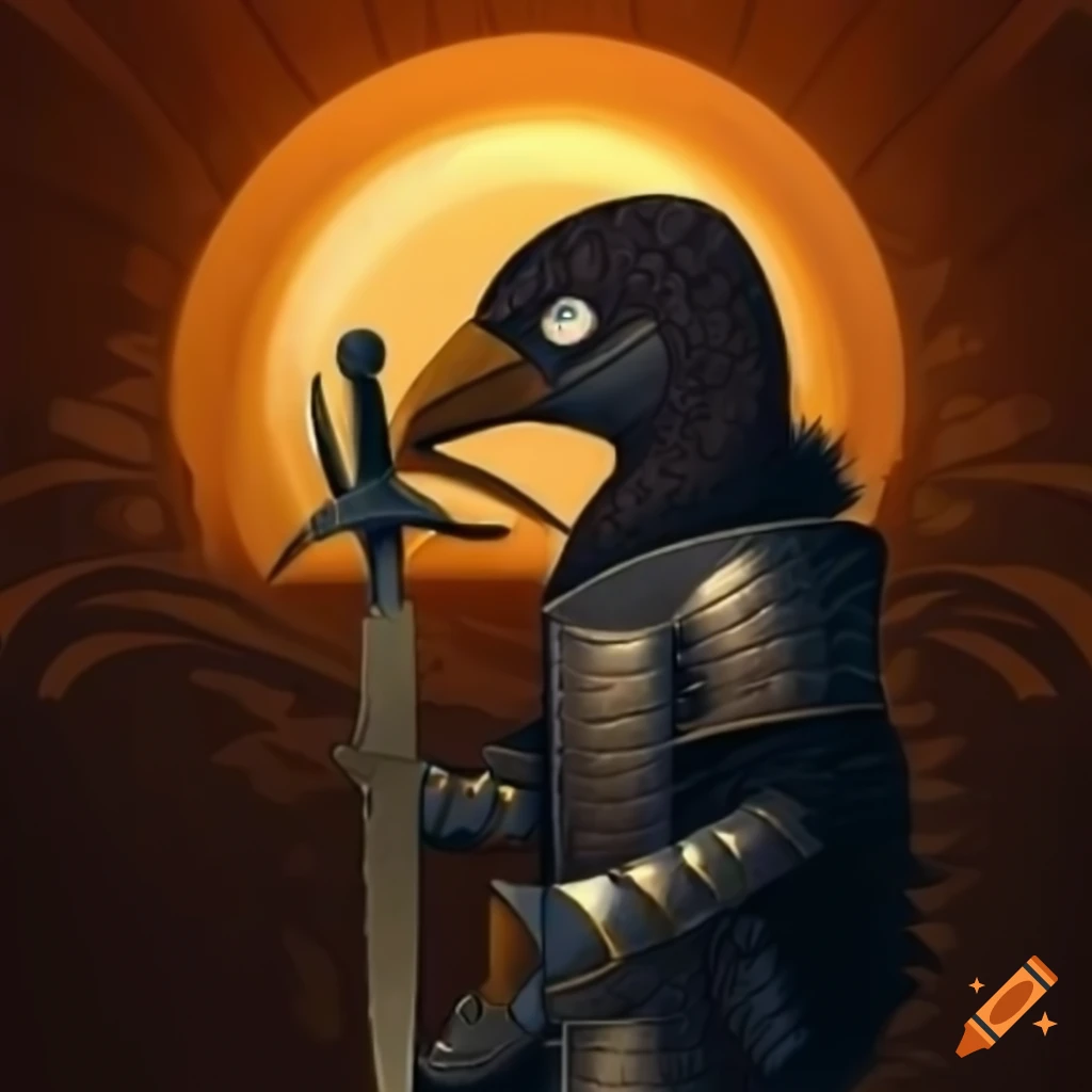 Anthropomorphic bird in medieval armor with a golden sword in a ...