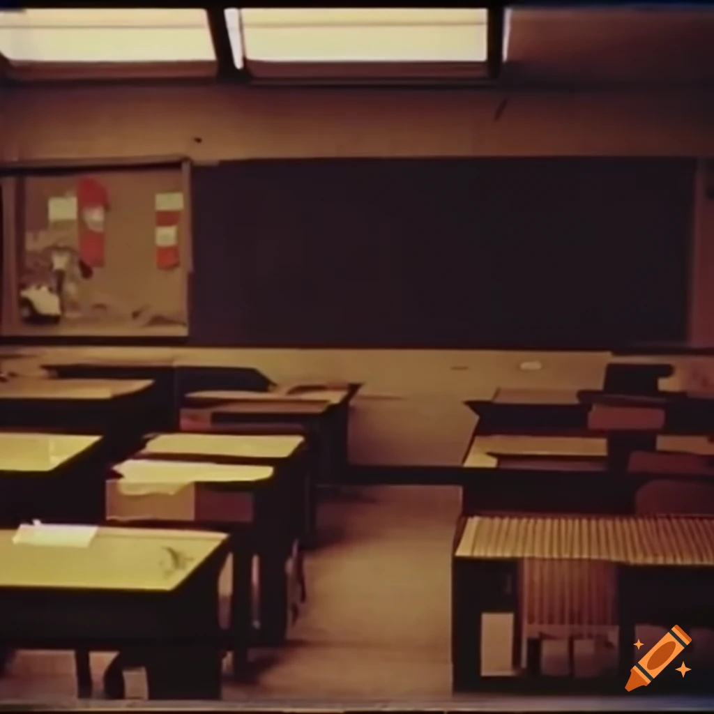 Classroom footage from 1970s captured on vhs with a liminal atmosphere ...