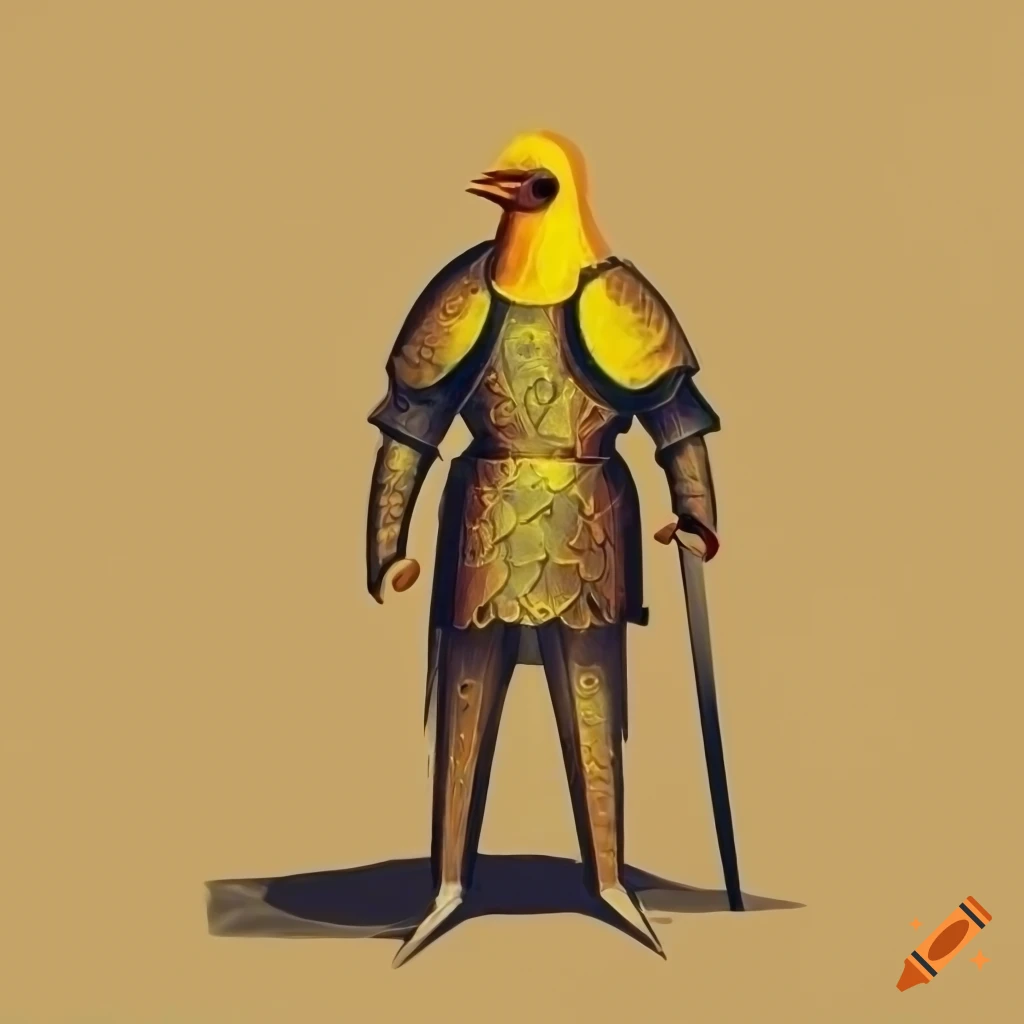 Yellow-orange bird in medieval full armor with sword against a sky ...