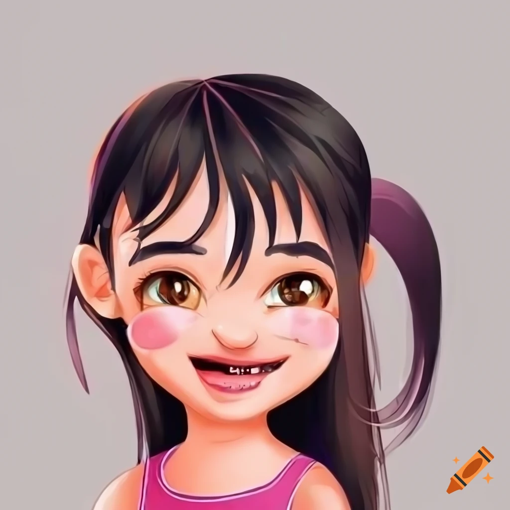 Cute cartoon character with rosy cheeks, ponytails, and bright black ...