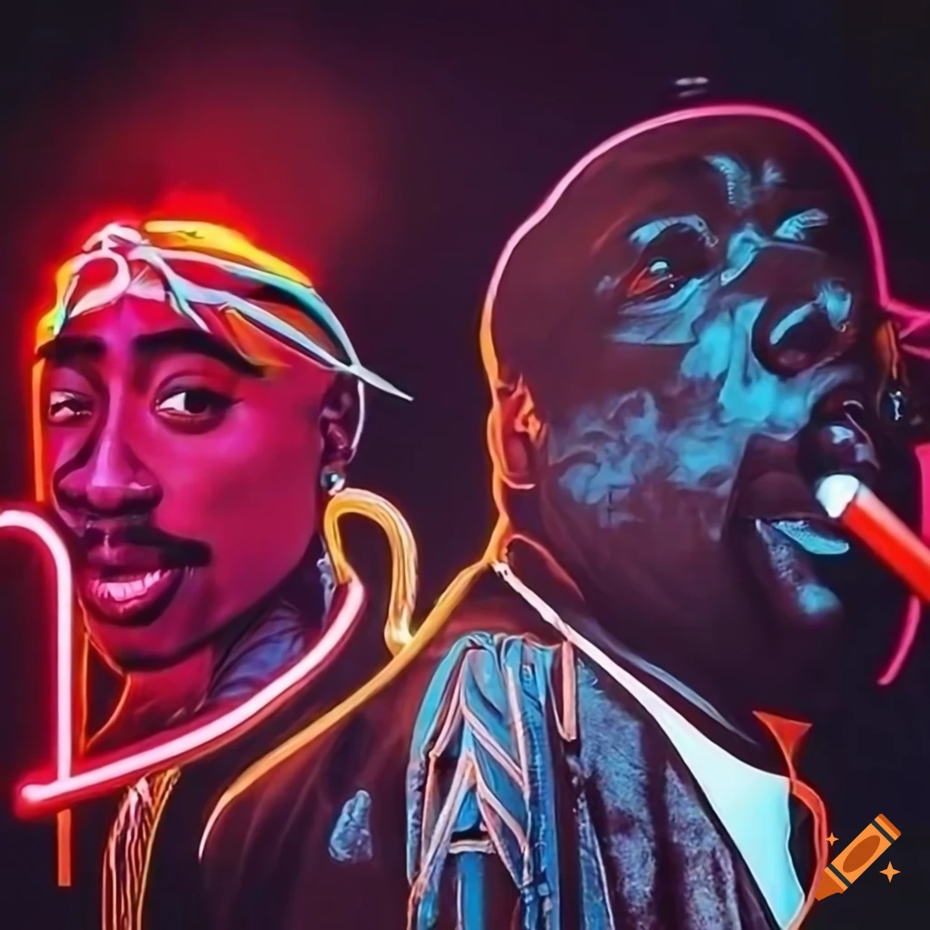 Tupac and biggie in vegas on the strip in front of a neon sign, smiling ...