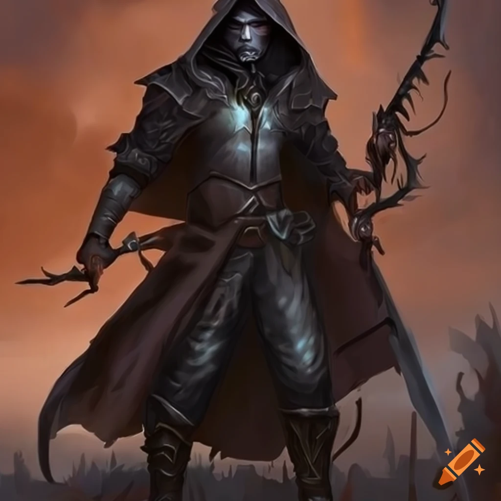 Male fantasy fighter with dark hair, hood, beard, and a 2-handed glaive ...