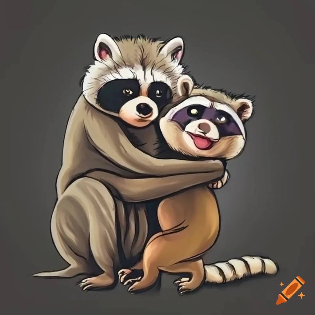 Monkey and raccoon hugging on Craiyon