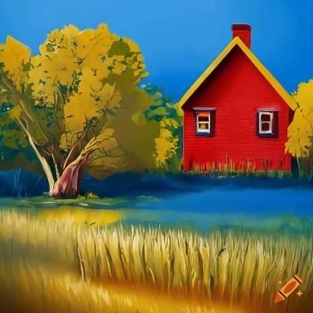 Red house surrounded by yellow trees and wheat fields with blue walls ...