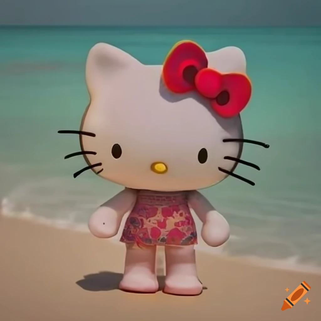 Hello kitty standing on a tropical beach under the sunshine on Craiyon