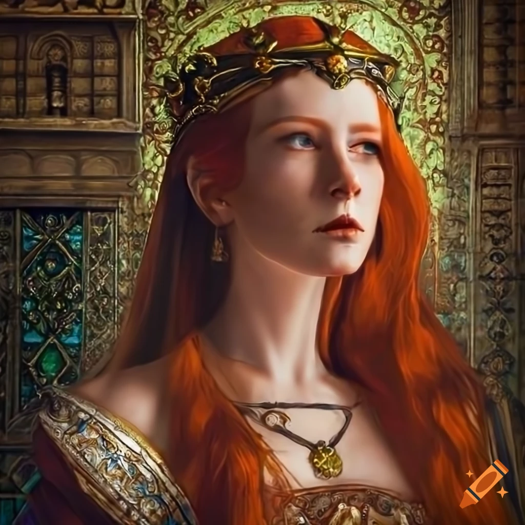Redheaded Queen With A Pensive Expression By A Stained Glass Window In