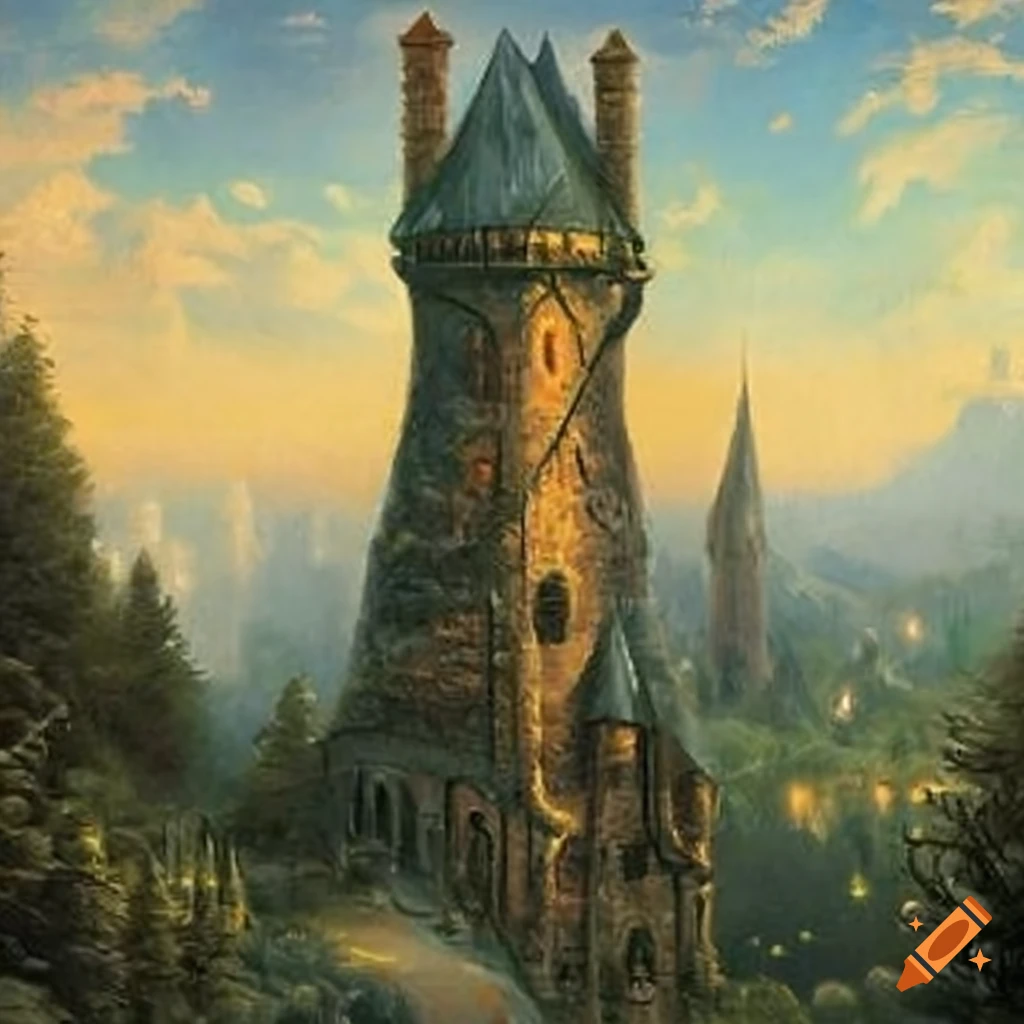Tall crooked mystical wizard's tower above the trees in a fantasy ...