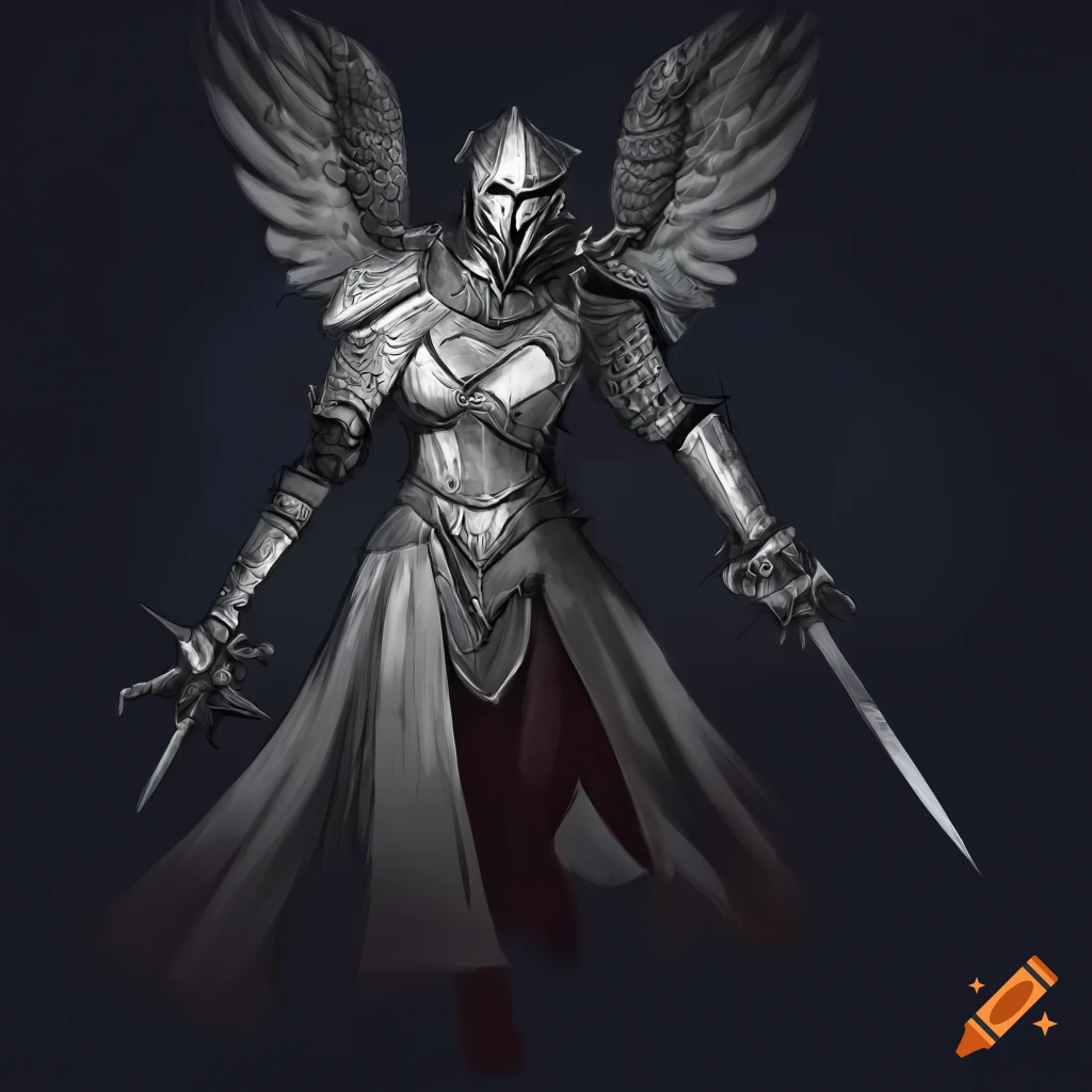 Majestic harpia in knightly armor wielding a sword in a sky setting on ...