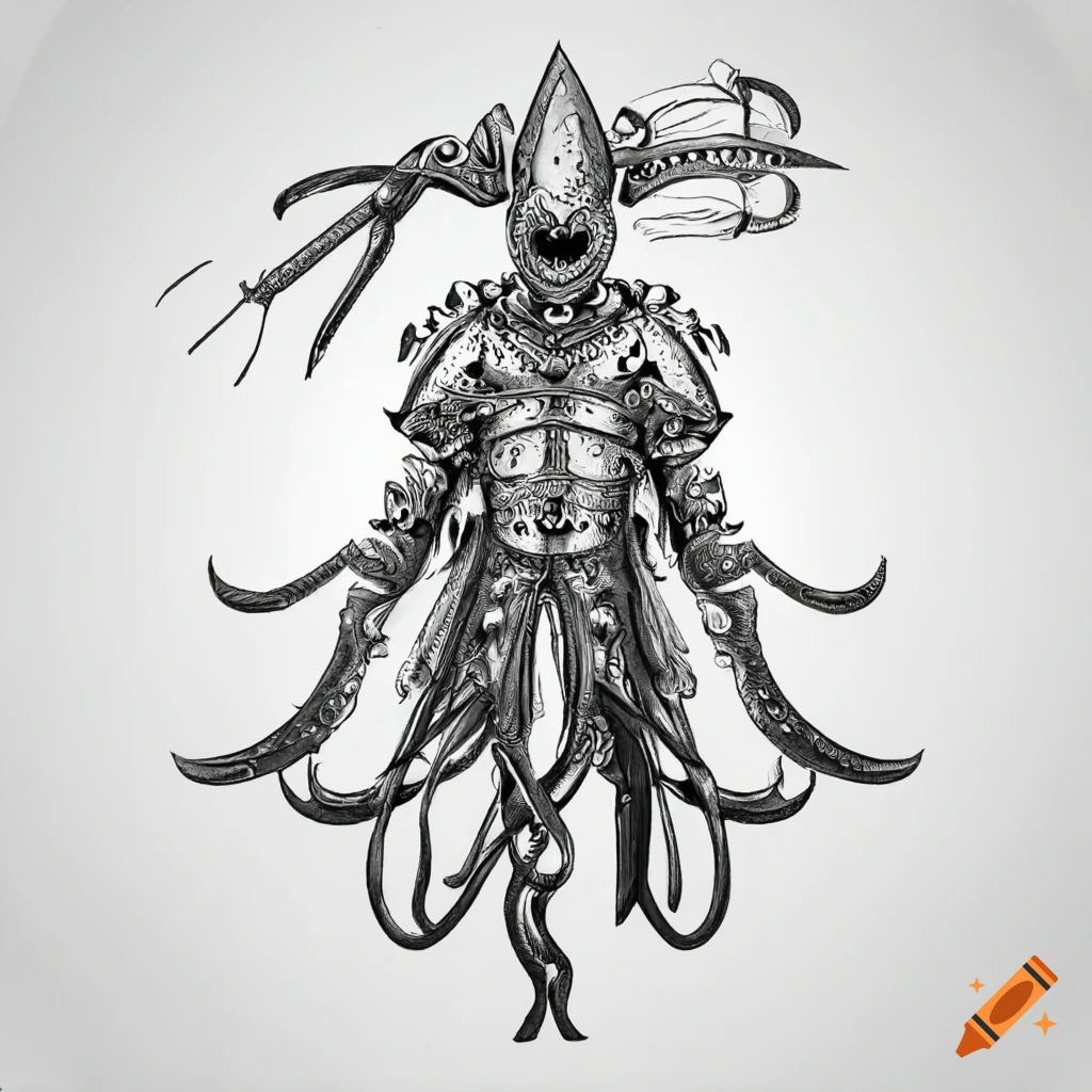 Squid warrior in silver spiked armor with ornamental trident on Craiyon