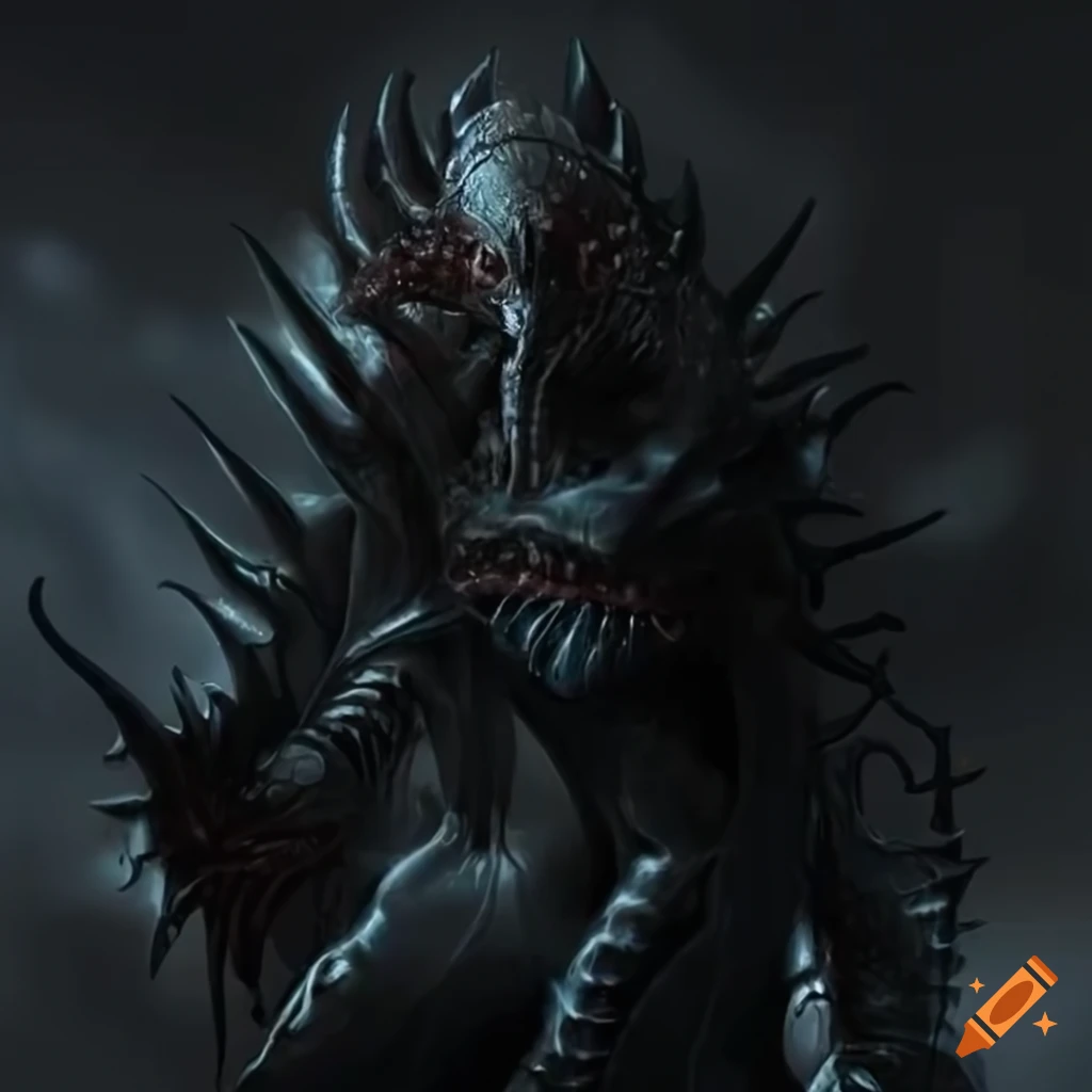 Dark purple alien in black spiked armor with tentacles from mouth on ...