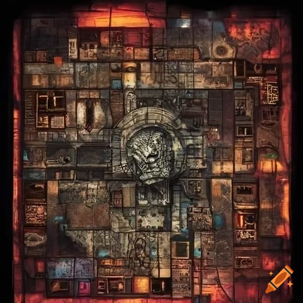 Overhead boardgame map of a punk city divided into quadrants on Craiyon