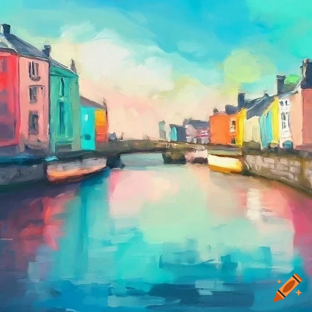 Sunny summertime scene of Cork City, Ireland with a river in light pale ...