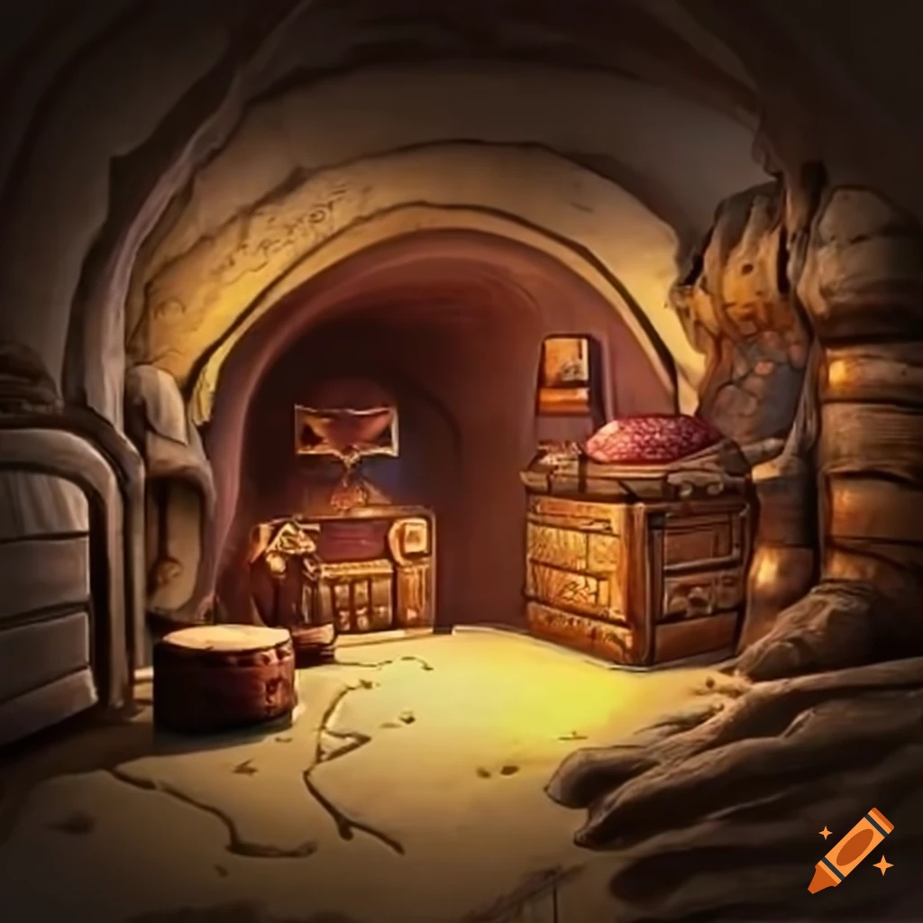 Cave vault filled with pirate-themed chests on Craiyon