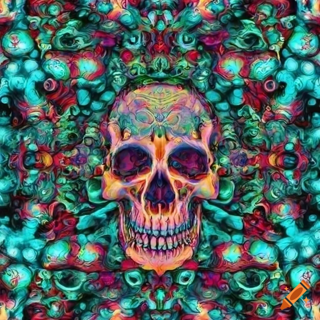 Intricately designed skull with vibrant colored human bones in a ...