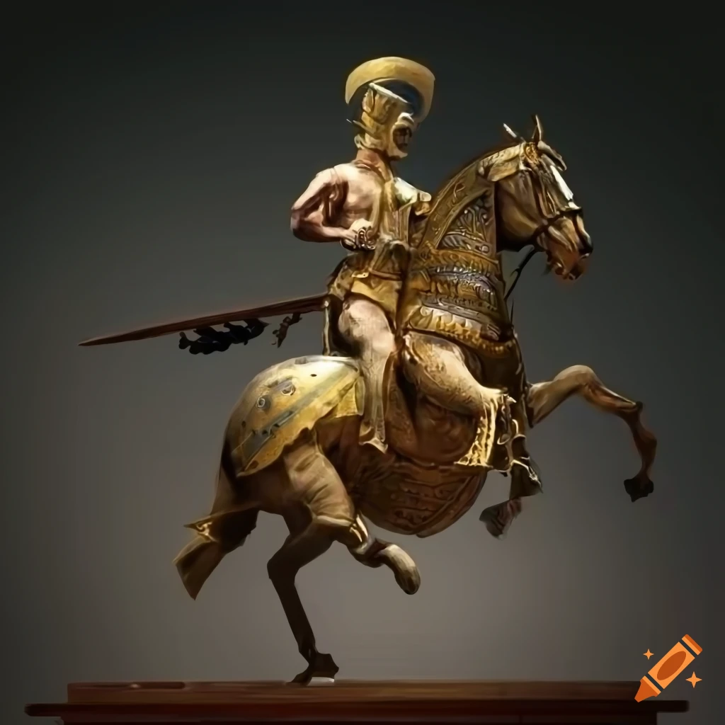 Ancient greek man riding a happy horse in historical armor on Craiyon