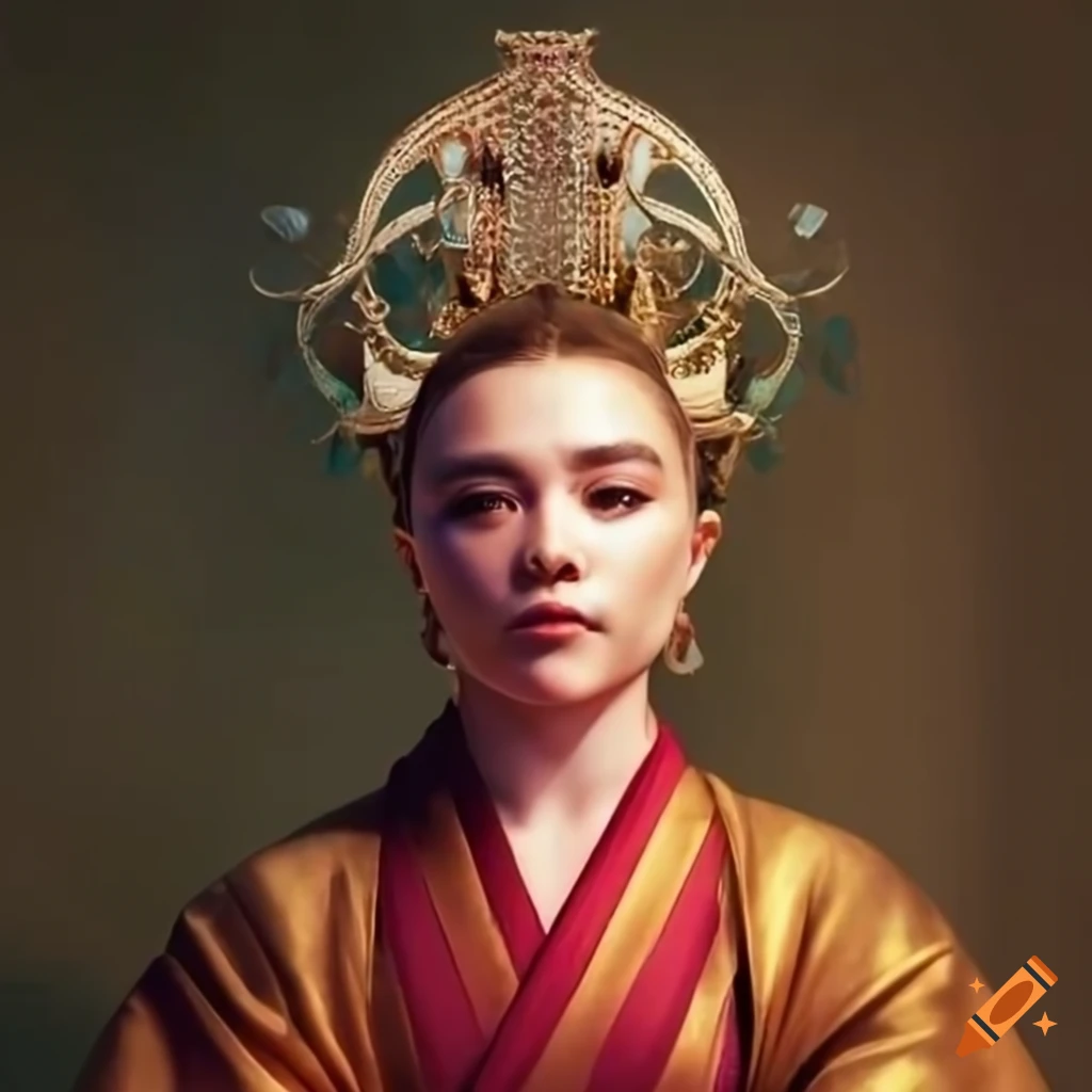 Princess Irulan at a Japanese temple in Zen robes and headpiece on Craiyon