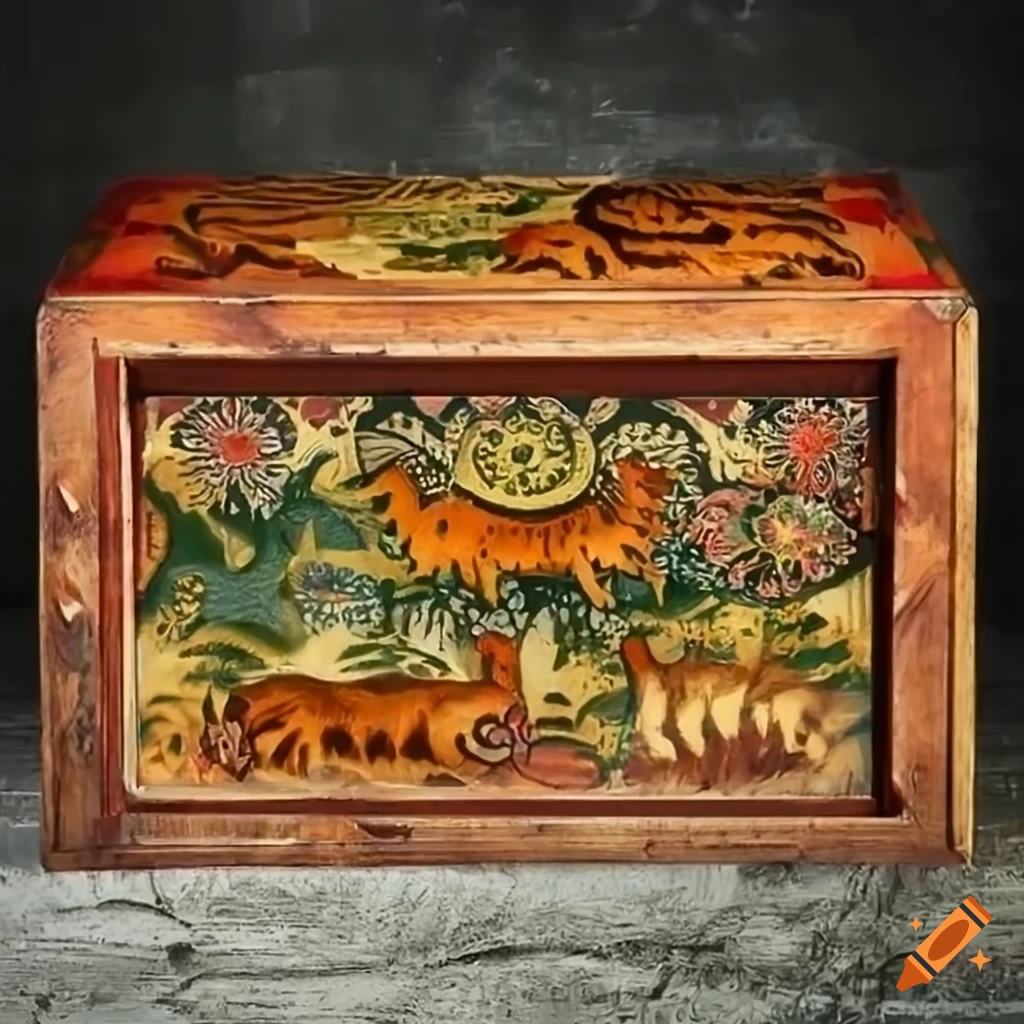 Siberian folk art wooden box with multicolor vintage design featuring ...
