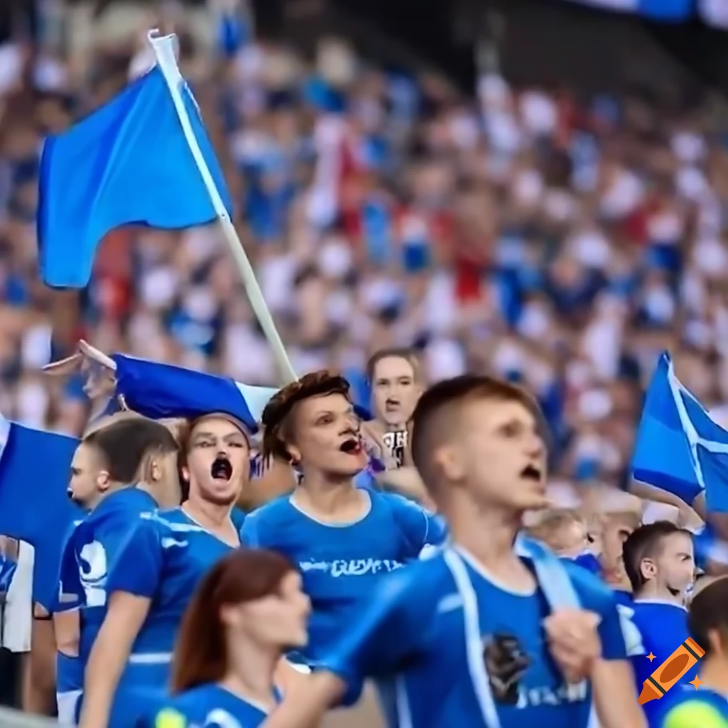 Passionate blue soccer team fans waving flags in a stadium on Craiyon