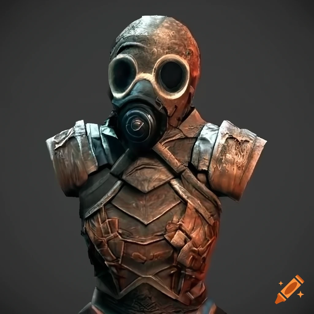 Vintage 3D game character of a fiery gasmask unit zealot from a dark ...