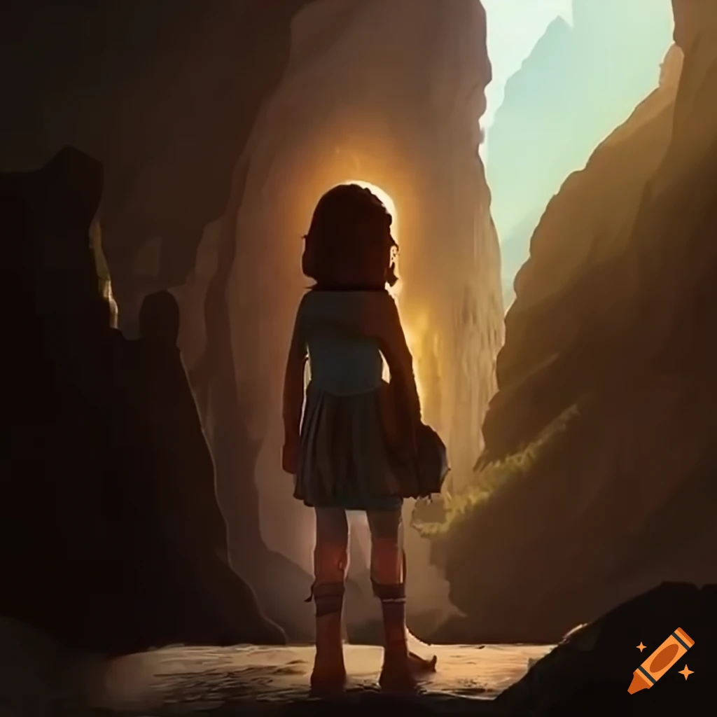 Ellie standing at mountain passageway entrance with sunlight on village ...