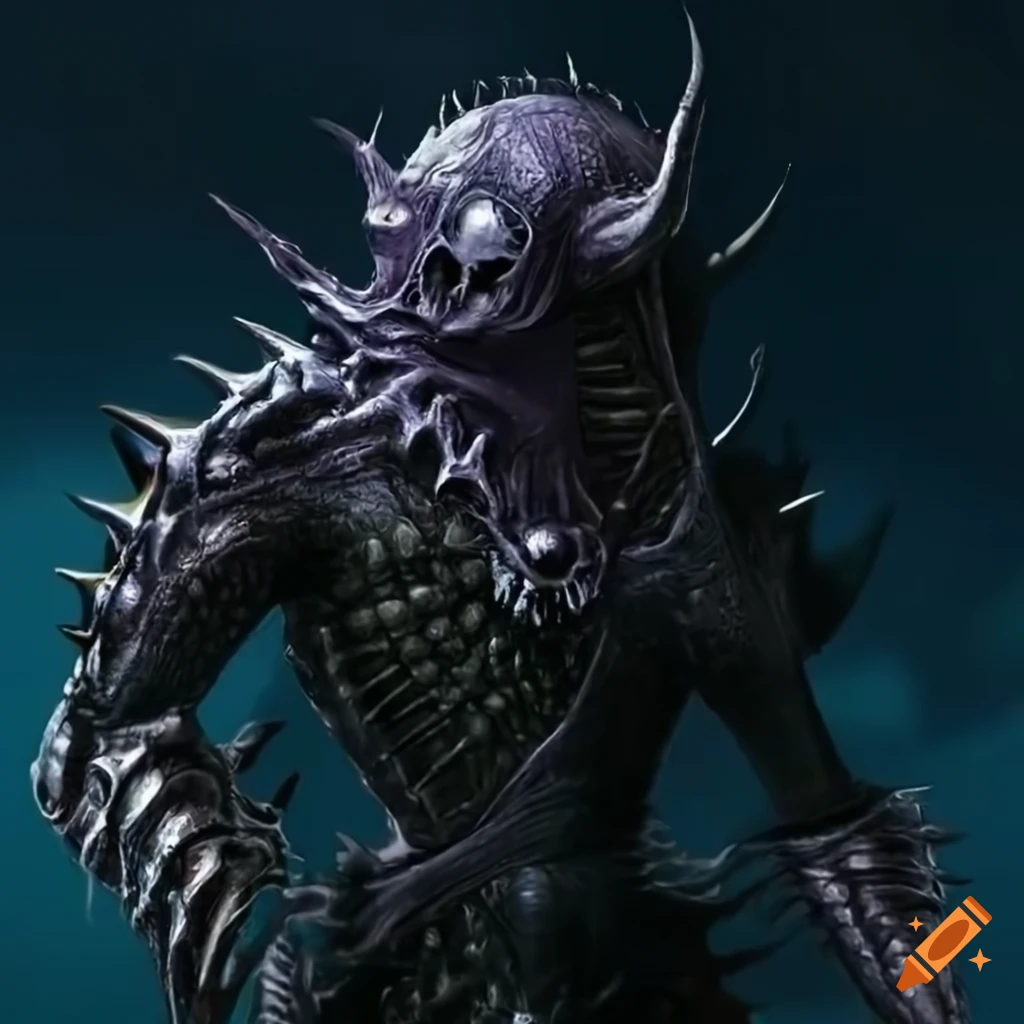 Dark purple alien in black spiked armor with tentacles from mouth on ...