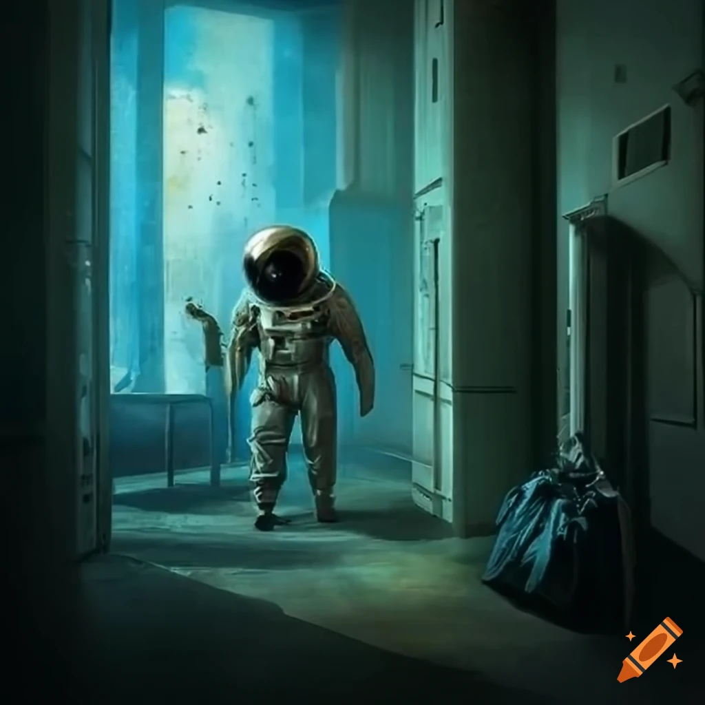 Ultra-modern haunted hospital with astronaut surrounded by bodybags in ...