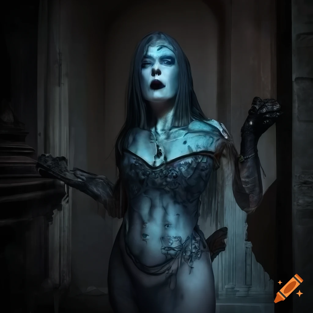 Dramatic dark disciple woman in gothic fantasy style at a crypt entrance on Craiyon