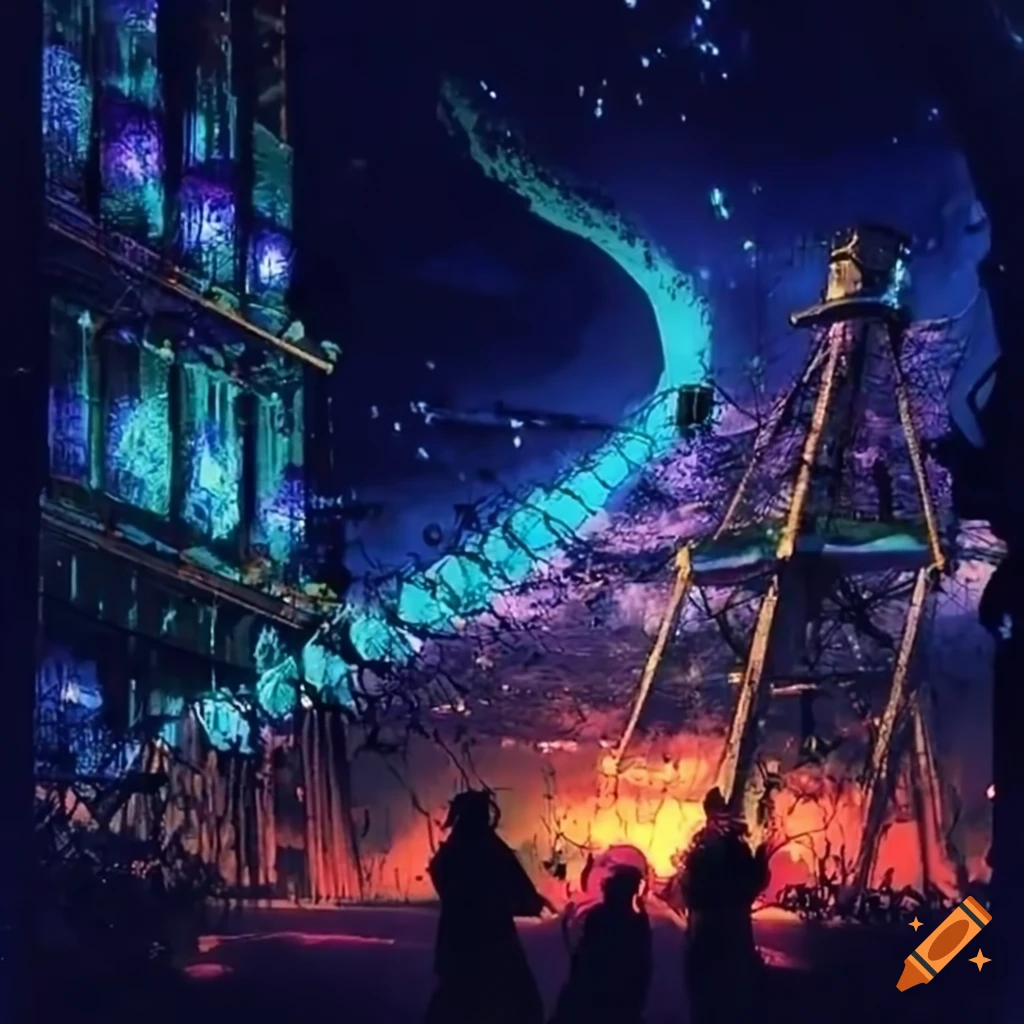 Rave party near Duga-3 array antenna at night on Craiyon