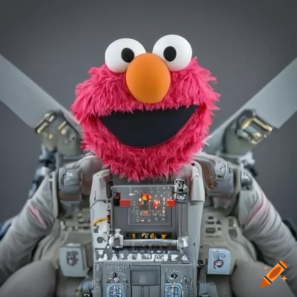 Elmo in a fighter jet cockpit screaming on Craiyon